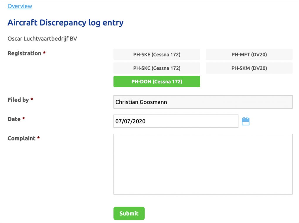Nieuw Aircraft Discrepancy log